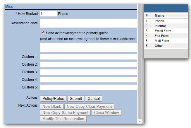 Using the Call Center Form to Make a Passkey Reservation