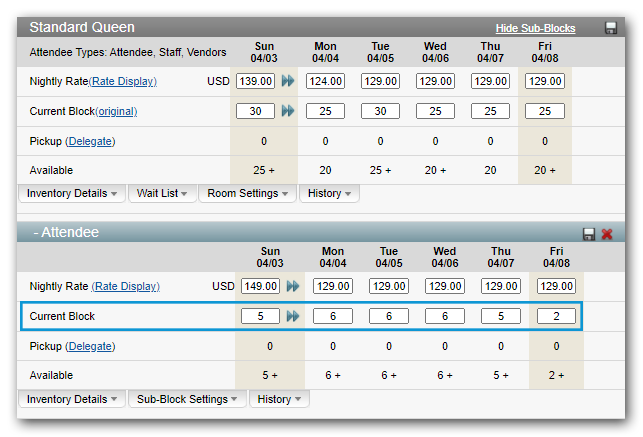 Managing Sub-Blocks in an Event's Inventory