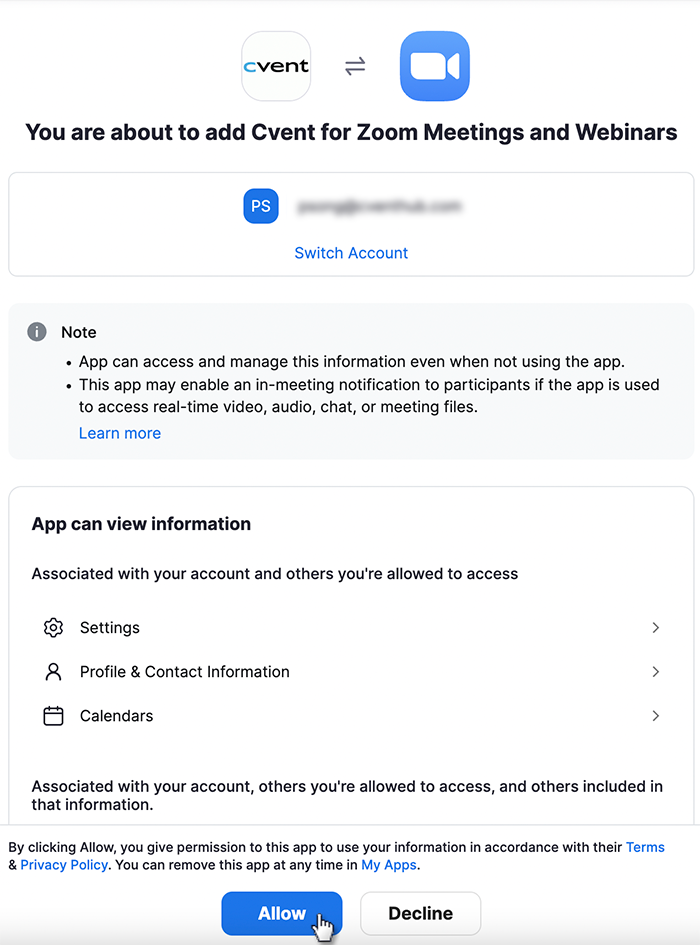 Authorizing Zoom for Meetings Integration