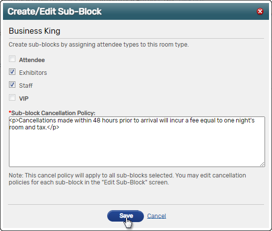Managing Advanced Options for Sub-Blocks in a Passkey Event
