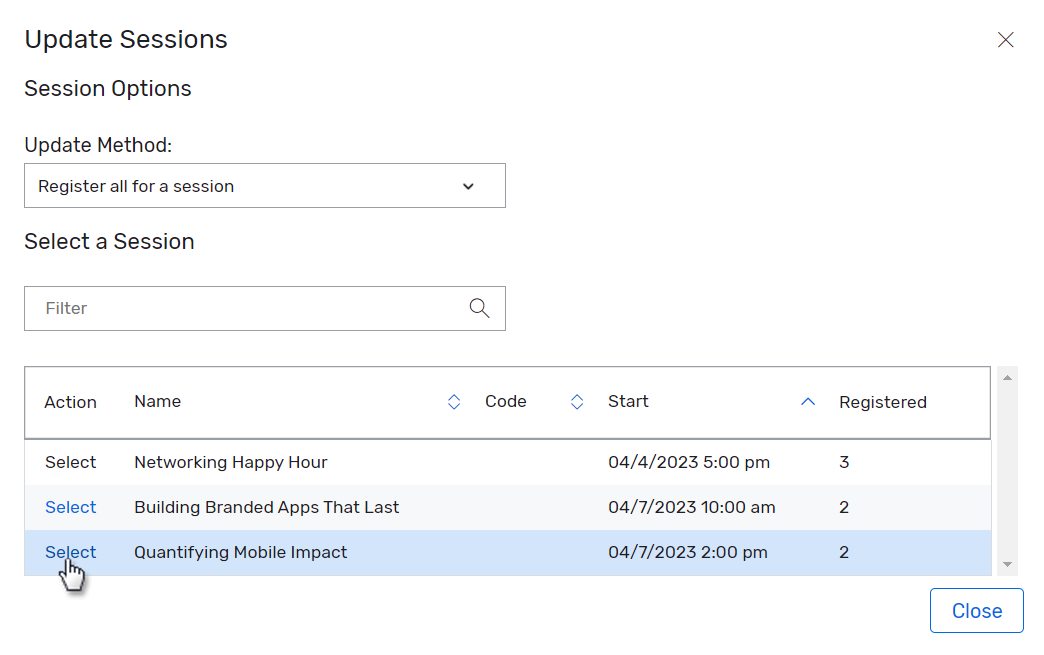 Registering or Unregistering Session Registrants in Bulk