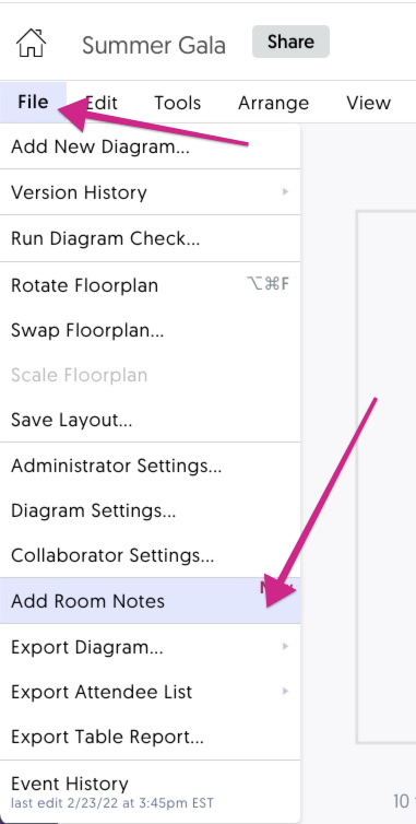 Adding Room Notes in Event Diagramming