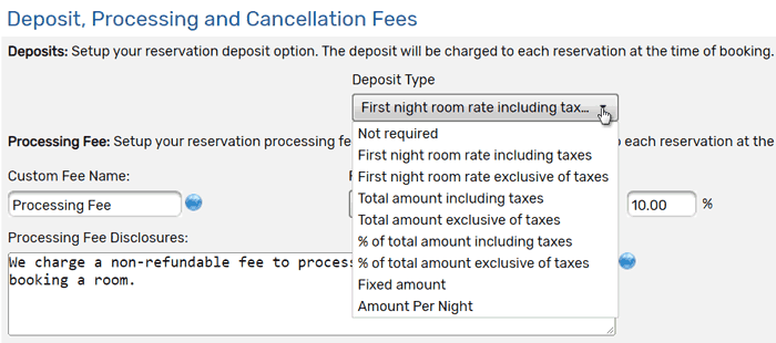 Setting Up Deposit, Processing, and Cancellation Fees