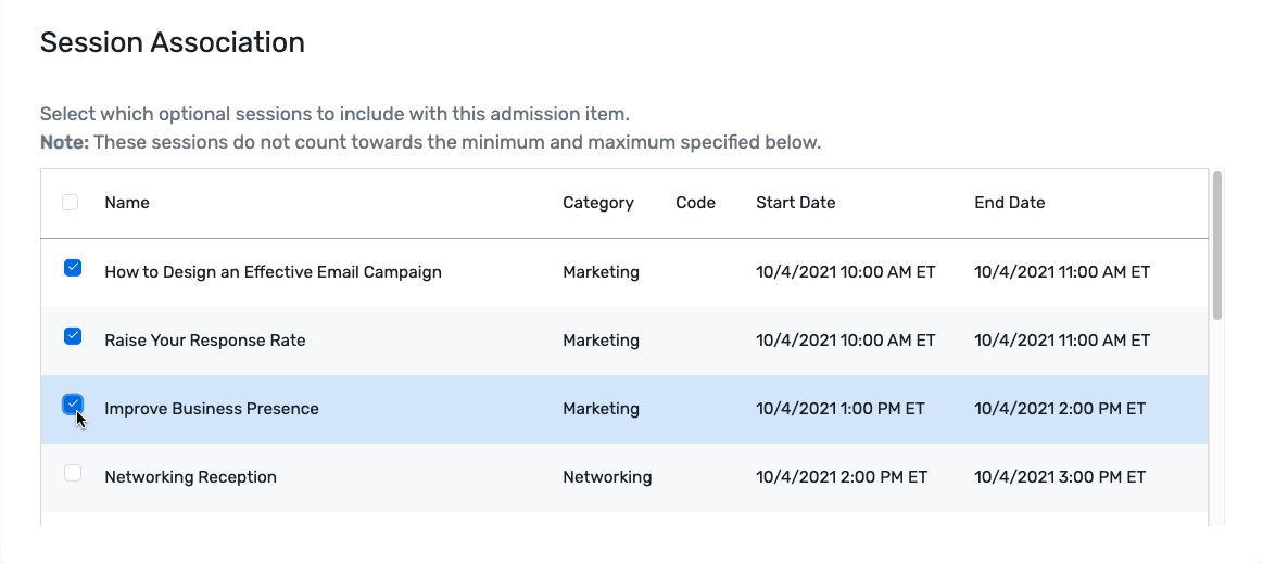 Including Sessions with Admission