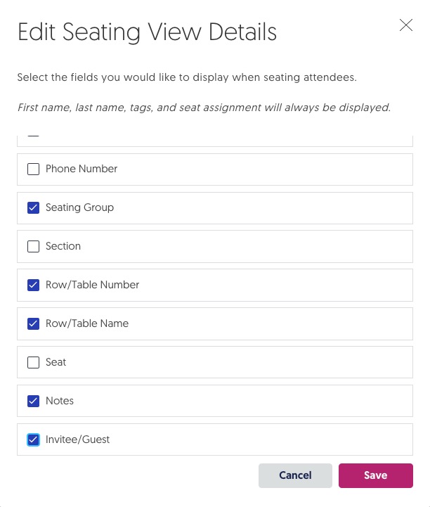 Editing Seating View Details in Event Diagramming