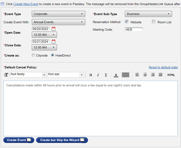Creating a Passkey Event with GroupMasterLink