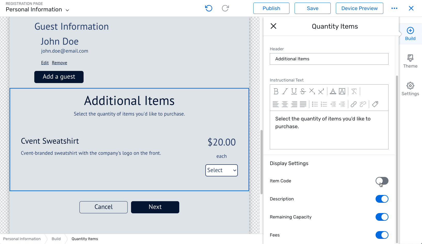 Creating Quantity Items