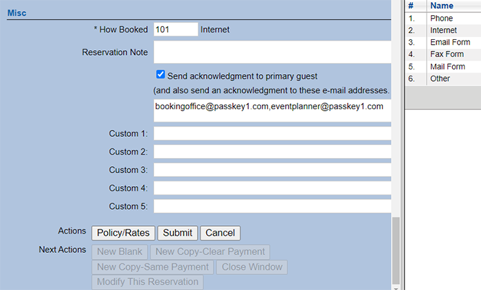 Using the Call Center Form to Make a Passkey Reservation
